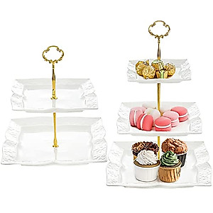 ZEAYEA Set of 2 Ceramic Cupcake Stand, 3 Tier and 2 Tier Porcelain Tiered Cake Stand, White Embossed Dessert Stand, Pastry Serving Tray for Tea Party, Wedding, Birthday