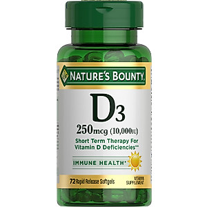 Nature's Bounty Vitamin D for Immune Support and Promotes Healthy Bones, 10000IU, Softgels, Multi-Color, 10,000 IU, 72 Count (Pack of 1)