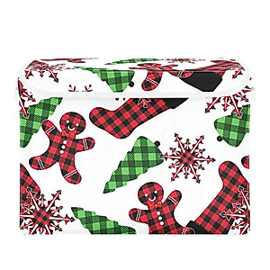 Christmas Storage Baskets Collapsible Storage Bins with Lids, Buffalo Plaid Checkered Christmas Stockings Snowflakes Gingerbread Men and Christmas Trees Storage Boxes Clothes Baskets for Organizing