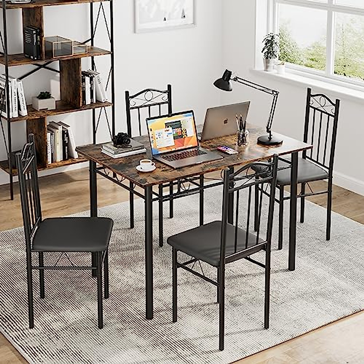 Aobafuir Kitchen Dining Room Table Sets for 4, 5 Piece Metal and Wood Rectangular Breakfast Nook, Dinette with Chairs, Industrial Retro Brown