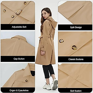 Kugnala Womens Trench Coat Double-Breasted Long windbreak Belted Slim Outerwear Coat with Detachable Hood Black Brown M