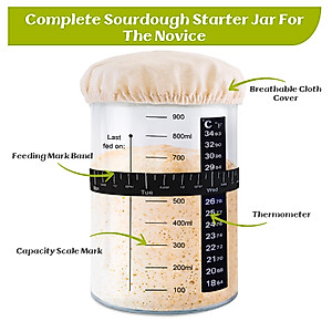WAVEWISE Sourdough Starter Jar Kit 1000ml - Large Glass Jar for Sourdough - Sourdough Starter Crock - Reusable Sour Dough Starter Jar With Thermometer, Silicone Scraper, Cloth Cover and Lid