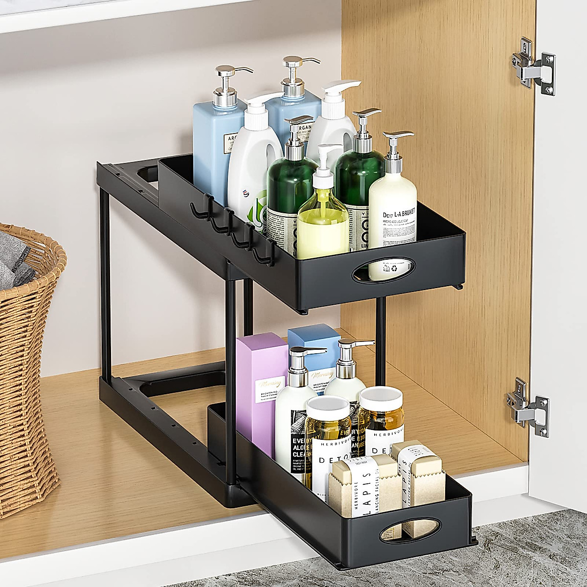 Aojia Double Sliding Cabinet Organizer, Under Sink Organizers and Storage, Pull Out Under Sink Organizer, Under Cabinet Organizer Baskets with 2 Drawers, Under Sink Storage for Bathroom, Kitchen