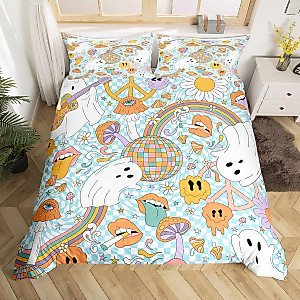 Erosebridal Cartoon Ghost Duvet Cover Rainbow Bedding Set Full,Hippie Groovy Flowers Comforter Cover Gothic Bed Set Cute Mushroom Peace Symbol Boho Floral Kawaii Halloween Decorations Indoor