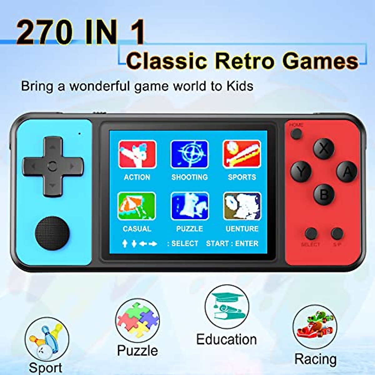 Great Boy Handheld Game Console for Kids Aldults Preloaded 270 Classic Retro Games with 3.0'' Color Display and Gamepad Rechargeable Arcade Gaming Player (Black)