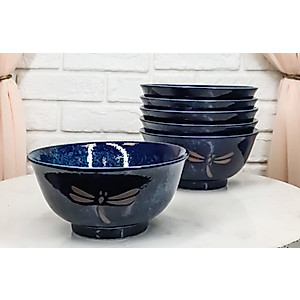 Ebros Gift Made in Japan Blue Tombo Dragonfly Design Ochawan Rice Soup Porcelain Bowls Set of 6 Home Decor Japanese Zen Fusion Asian Living Accent Housewarming Birthday Gifts Bowl Set