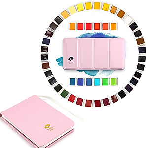 Paul Rubens Artist Grade Watercolor Paint, 48 Colors Solid Cakes with Watercolor Journal, 100% Cotton 140 lb (300 GSM) Hot Pressed Watercolor Paper, 20 Sheets Sized 3.8’’ x 5.2’’ Travel Art Journal