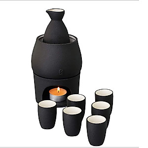 Lyty Ceramic Sake Set Cups with Warmer + Sake Saki Drink Storage Gift Box, Porcelain Pottery Hot Cold Saki Drink, 9pcs Include 1 Stove 1 Warming Bowl 1 Sake Bottle 6 Cup