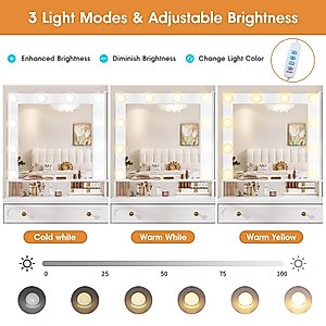 Mauqvit Vanity Desk with Mirror and Light，Vanity Desk with 2 Large Drawers, 2 Large Storage，Charging Station and 10 Lights 3 Lighting Modes Adjustable Brightness Dresser, White