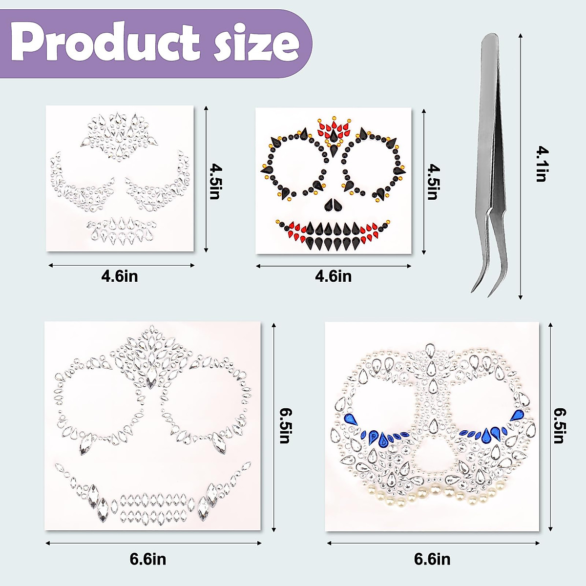 Vodolo Halloween Face Jewels Stickers,Hallowen Face Gems Decorations,Day of The Dead Skull Temporary Face Tattoos,Face Makeup Rhinestone Stick on for Adults and Kids