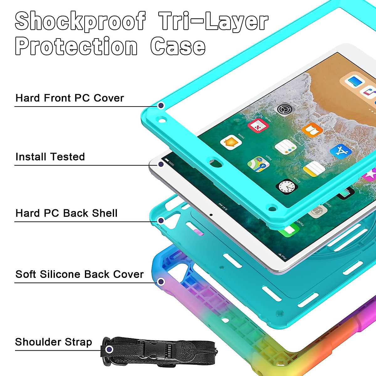 LTROP Protective Cover Case for iPad 6th/ 5th Generation & iPad Air 2 Case, iPad 9.7 Inch Case with Shoulder Strap Pen Holder Swivel Stand, Aqua Teal