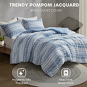 Urban Habitat Queen Duvet Cover Set Clipped Jacquard, Tufts Pompom Accent, Boho Duvet Covers, All Season Lightweight & Fluffy Bedding Cover, Matching Shams, Rowan, Full/Queen Blue 3 Piece