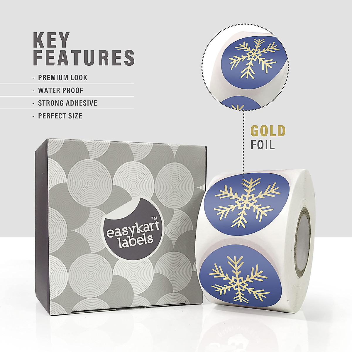 Easykart 500 Winter Snowflake Stickers in Roll, Blue with Gold foil Design Best for Christmas Party Supplies, Envelope Seals, Winter Decoration, Kids Activities, Kids Classroom Parties (1PACK)