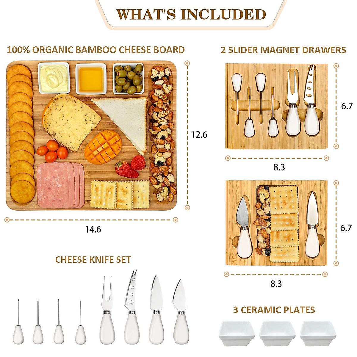 Cheese Board and Knife Set, Bamboo Charcuterie Boards Large Extra Meat Charcuttery Platter Serving Tray for Housewarming Thanksgiving Personalized Holiday Christmas Birthday Wedding Party Gifts Ideas