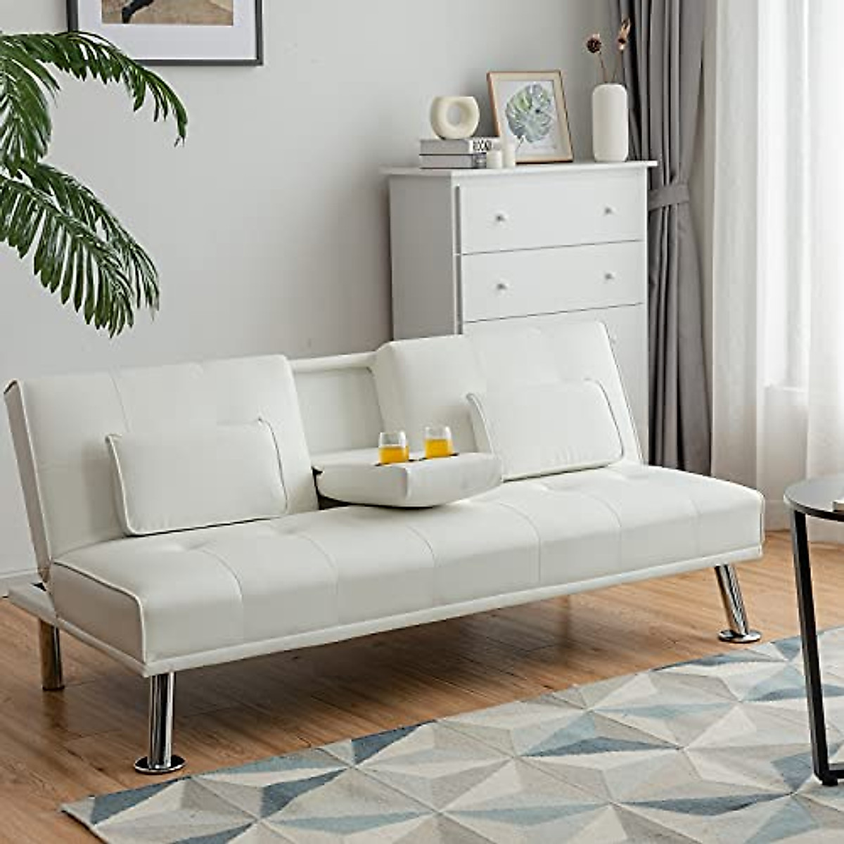 POWERSTONE Leather Futon Sofa Bed Convertible Folding Couch for Living Room Sectional Sleeper Sofa for Small Space with Cup Holder and Removable Armrest White