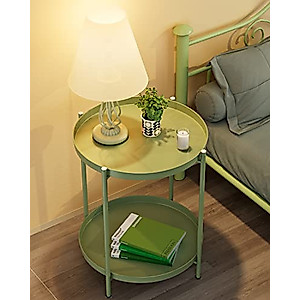 EKNITEY 2 Tier End Table - Metal Side Table Waterproof Small Sofa Coffee Side Tables Bedroom Indoor Outdoor with Removable Tray for Living Room Bedroom Balcony and Office (Atrovirens)
