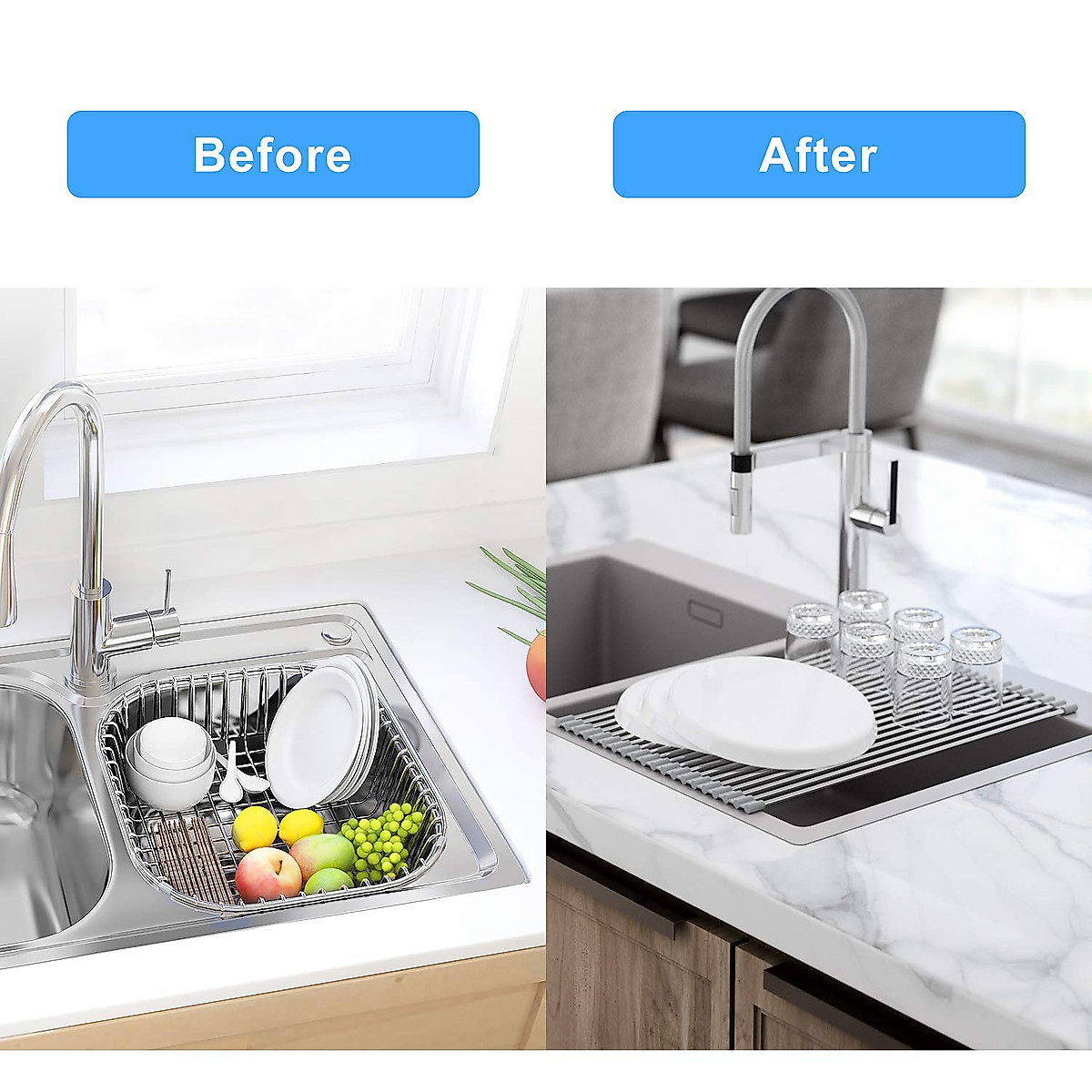 SunCleanse 17.8"×11.8" Roll-Up Dish Drying Rack, Over Sink Dish Drying Rack Drainer, Multi-Use Stainless Steel Foldable Dish Rack for Kitchen Sink Countertop, Grey