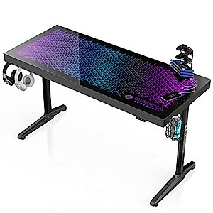 EUREKA ERGONOMIC RGB LED Gaming Desk, Music Sync Lights Up Tempered Glass Desktop, 55" GTG I55 Computer Table W Controller Rack 4 USB Charging Ports School Student Gift for Home Office, APP Control