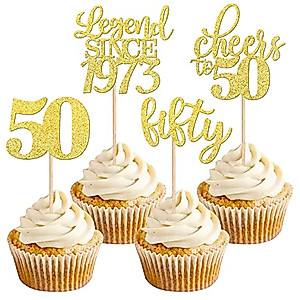 24 PCS Happy 50th Birthday Cupcake Toppers Glitter Fifty Cheers to 50 Legend Since 1973 Cupcake Picks for 50th Birthday Wedding Anniversary Party Cake Decorations Supplies Gold