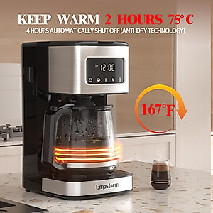 Empstorm Coffee Machine for 8 to 12 Cup Large Coffee Maker,Keep Warm for 24 Hours with Led Touch Screen,Automatic Power Off Function,Regular & Strong Brew Two Modes with Glass Coffee Pot