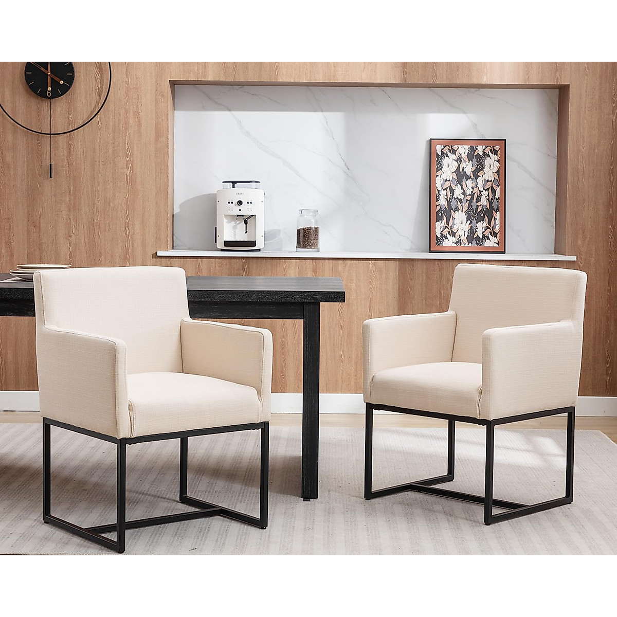 HNY Mid Century Modern Upholstered Dining Chairs with Arms Set of 2, Linen Accent Black Finish Metal Frame, 19'' Wide Arm for Living Room Kitchen Bedroom, Cream, Cream-linen-black Frame