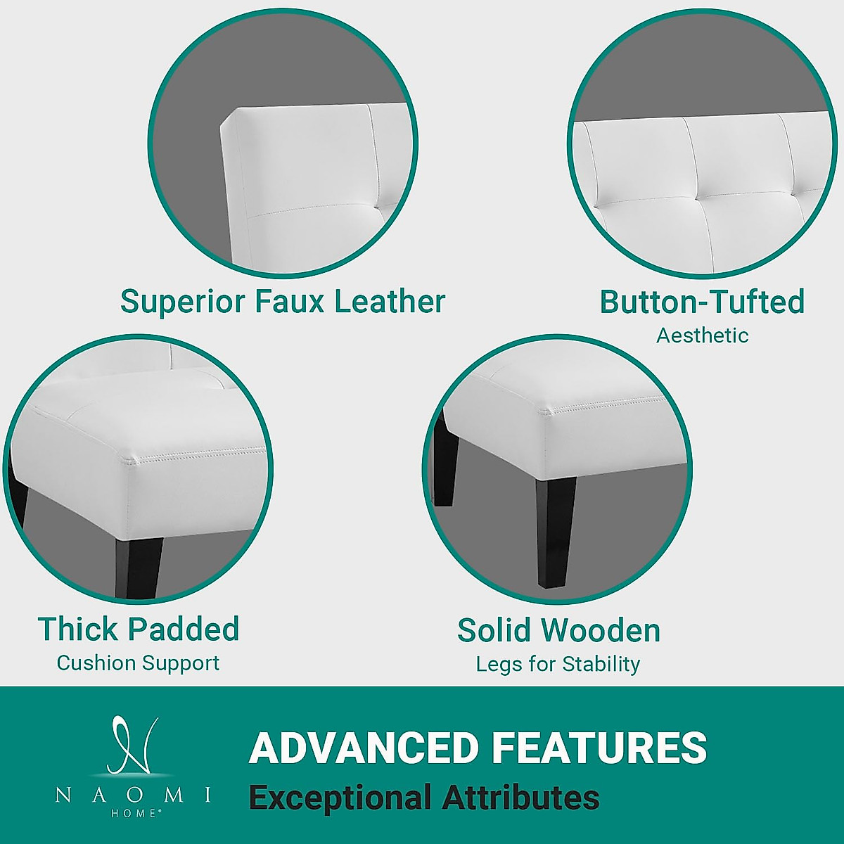 Naomi Home White Faux Leather Convertible Futon Sofa Bed, Button Tufted, 3 Positions, Small Couch Bed with Wooden Legs, 58 lbs, 500 lbs Capacity