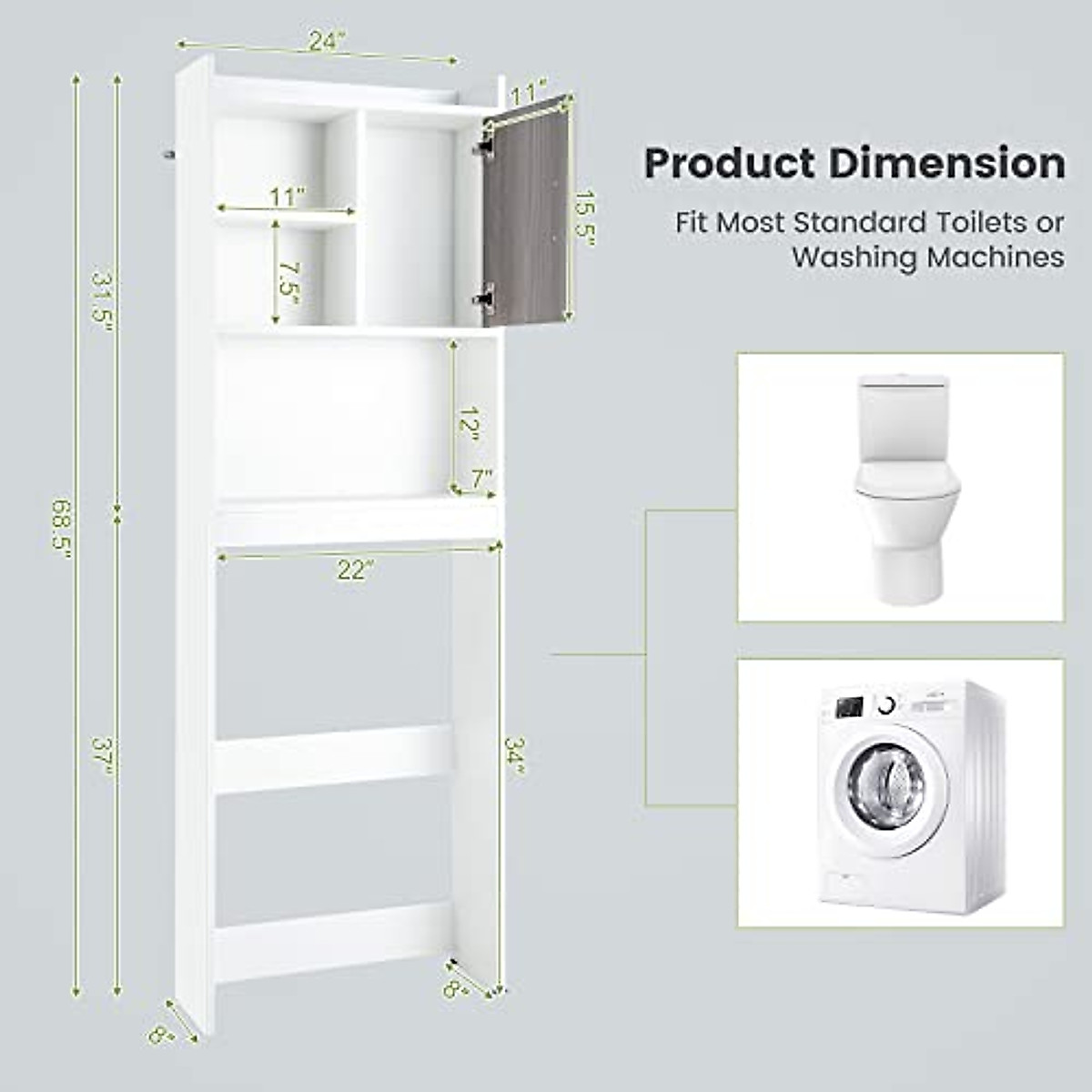 LOKO Over The Toilet Storage Cabinet, Wooden Bathroom Space Saver with Door & Open Storage Shelves, Anti-toppling Device, Freestanding Over Toilet Bathroom Organizer for Bathroom, Laundry
