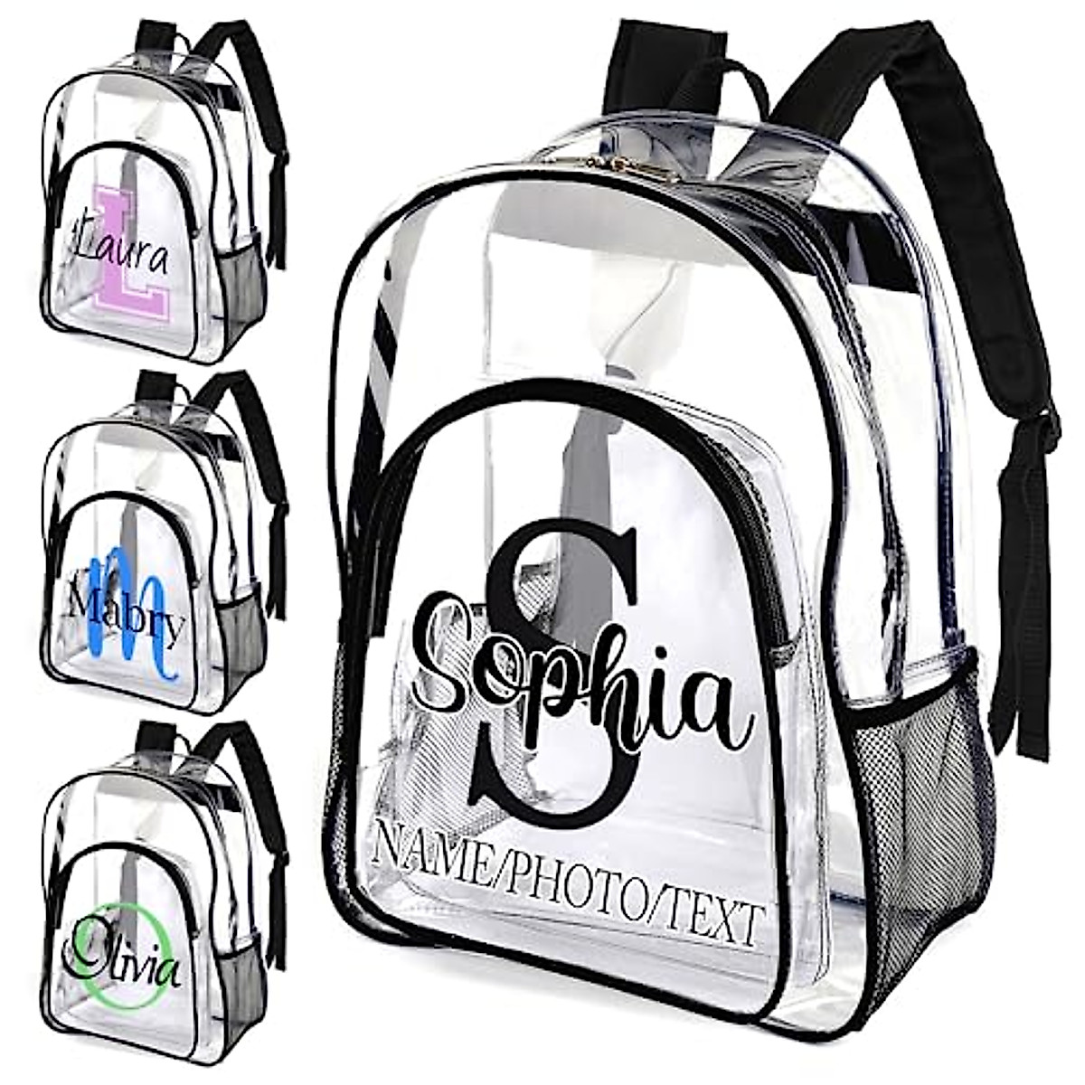 xrlsg Personalized Clear Backpack for Girls Boys Custom Name PVC Transparent Backpacks Perfect for School Office - Initial & Name 1