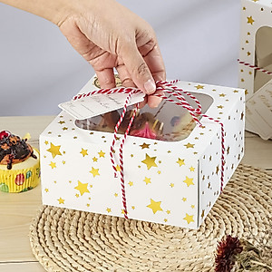 CHOUNYEE 24 Pack 6X6X3 Christmas Cookie Boxes for Gift Giving Gold Foil Star White Bakery Boxes with Window 6 Inch Small Treat Boxes for Mini Cake Pastry Dessert Cupcakes Candy Donut Packaging