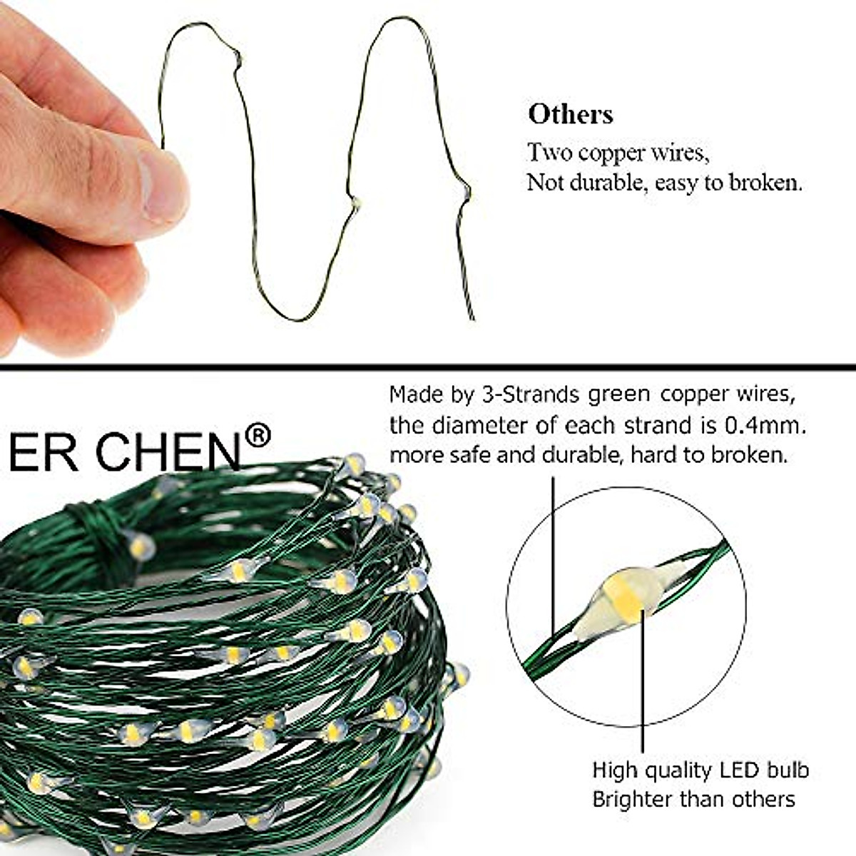 ER CHEN Dimmable LED String Lights Plug in, 66ft 200 LED Waterproof Fairy Lights with Remote, Indoor/Outdoor Copper Wire Christmas Lights for Bedroom, Patio, Garden, Yard (Green Wire, Warm White)
