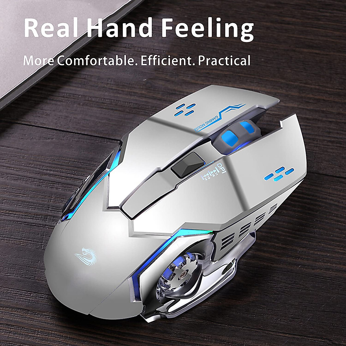 Uciefy Q85 Rechargeable Wireless Gaming Mouse, 2.4G LED Optical Silent Wireless Computer Mouse with 4 LED Light, 3 Adjustable DPI, Ergonomic Design, Auto Sleeping (Silver)