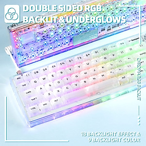 65% Hot-Swap Wired Mechanical Gaming Keyboard Programmable with Transparent 66 Key Full Side RGB OWERTY Linear Ice White Switch Custom Coiled C to A Cable Media Knob 2-IN-1 Case for WIN/PC/MAC(White)