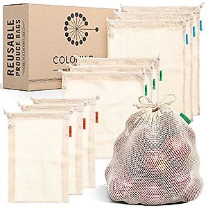 World's Strongest Reusable Produce Bags, Certified Organic Cotton Mesh, Machine Washable, Tare Weight Label, Double Drawstring, Plastic-Free Packaging, 9-Pack - Assorted Sizes (Small, Medium, Large)