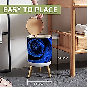 IBPNKFAZ89 Small Trash Can with Lid Beautiful Dark Blue Rose with Water Dew Drops Garbage Bin Wood Waste Bin Press Cover Round Wastebasket for Bathroom Bedroom Diaper Office Kitchen