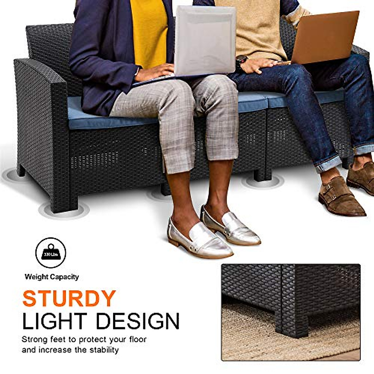 MCombo 7pcs Patio Furniture Set All-Weather Outdoor Sectional Sofa Rattan Pattern Patio Conversation Set w/Seat Cushions 6050-800 (Blue)