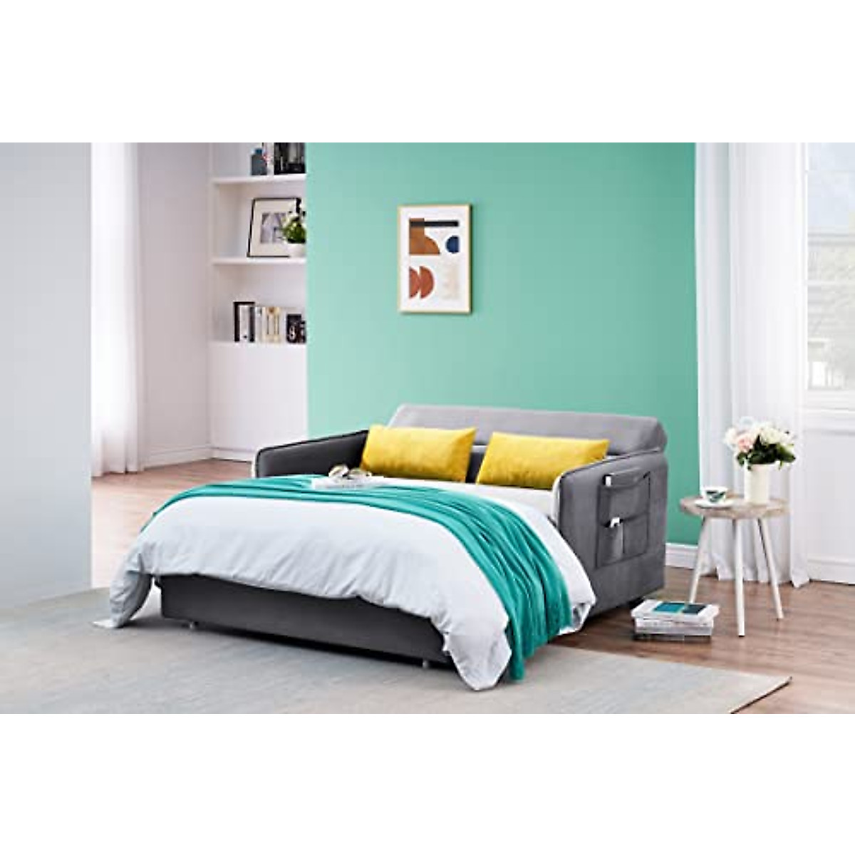 ERYE Modern Upholstered Futon Sofa Convertible Sleeper Couch Bed,Soft Loveseat & Sofabed for Home Office Apartment Small Space Living Room Napping Love Seats, Gray 2 Pillows Side Pockets Twin