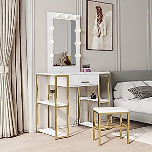Vanity Desk Set, Makeup Vanity with Chair & Mirror & Adjustable Brightness Lights & Large Drawer, Vanity Table for Bedroom, Bathroom, Small Space (White)