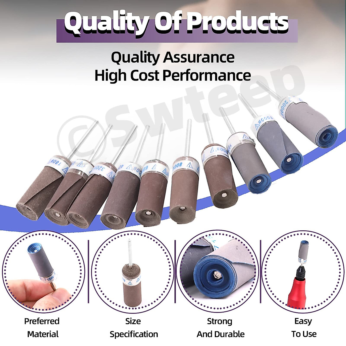 Swpeet 10 Pcs Sanding Drums Sleeves Kit, 180-2500 Grit Sandpaper Grinding Head Sandpaper Bar Stick, Abrasives Cartridge Rolls, Polishing Burr Stick Roller Sanding Tool, Woodworking Polishing Tool