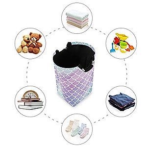 Blueangle Large Violet And Blue Mermaid Scales Laundry Basket Collapsible Oxford Fabric Laundry Hamper Foldable Clothes Laundry Bag with Handles