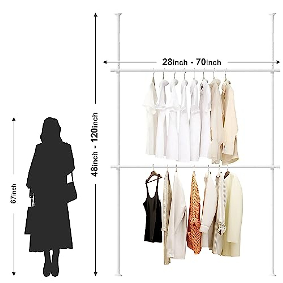 HOSKO Floor to Ceiling Clothes Rack, 2-Tier Adjustable Clothing Rack, Heavy Duty Free-Standing Garment Racks for Hanging Clothes, Tension Rod Garment Rack Closet Organizer System, White