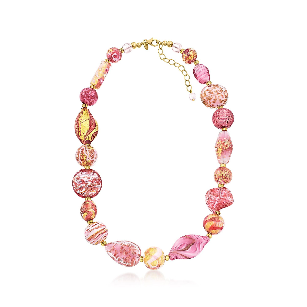 Ross-Simons Italian Pink and Gold Murano Glass Bead Necklace in 18kt Gold Over Sterling. 18 inches