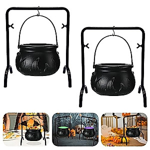 Ahzemepinyo Halloween Witches Cauldron Serving Bowls Rack Decor Set 2 Pieces Black Plastic Candy Bucket Cauldron with 2 Pieces Cauldron Rack for Halloween Party Trick or Treat Decorations