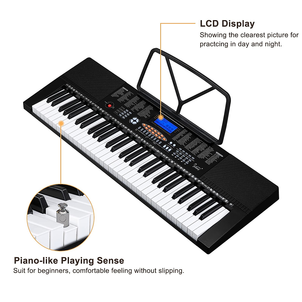 GLARRY 61-Key Portable Electronic Keyboard Piano set w/LCD Screen, Stand, Microphone, Headphones, Stand, Bench, Teaching Modes, Built-In Speakers