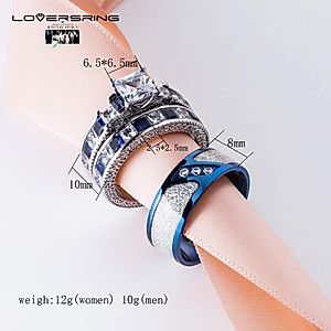 LOVERSRING 3pc Couple Ring Bridal Sets Women White Gold Plated Blue Sapphire Cz Man Titanium Band Wedding Ring for Him and Her