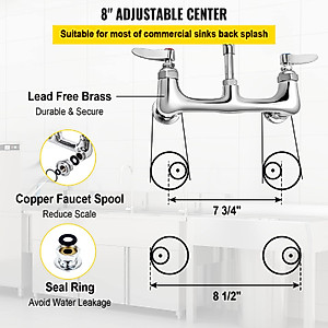 VEVOR Commercial Faucet with Pre-Rinse Sprayer, 8" Adjustable Center Wall Mount Kitchen Faucet with 12" Swivel Spout, 25" Height Compartment Sink Faucet for Industrial Restaurant, Lead-Free Brass