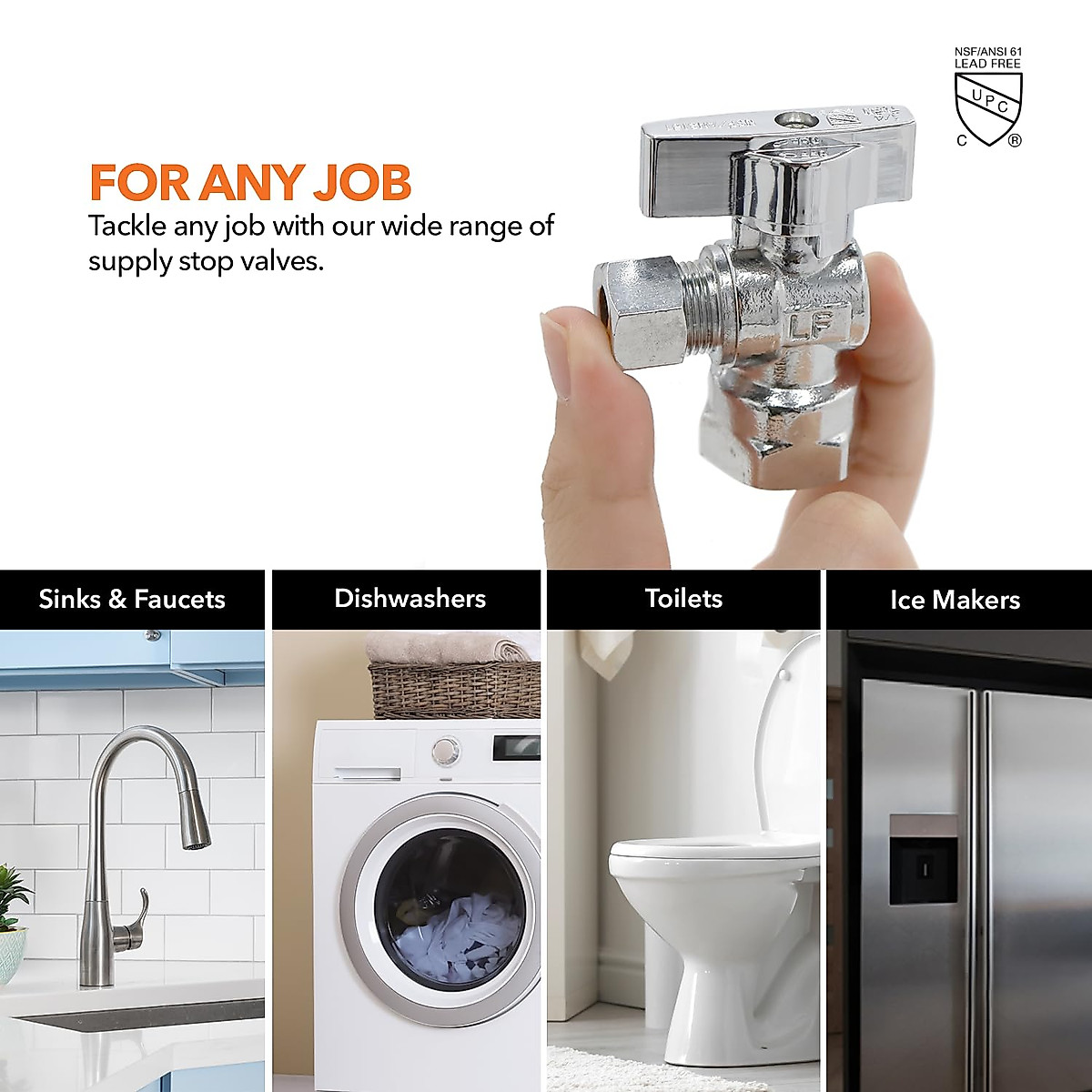 Lead-Free Brass, Quarter-Turn Angle Supply Stop Valves, 1/2" FIP Thread x 3/8" OD Compression (12Pack)