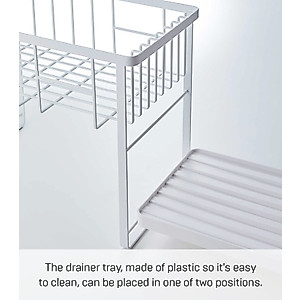 Yamazaki Home Two-Tier Adjustable Dish Drainer Rack, Compact Drying Rack with Hooks, Utensils Holder, Steel, Draining Spout, Water Resistant, No Assembly Req.