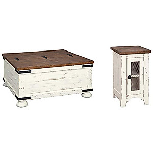 Signature Design by Ashley Wystfield Farmhouse Square Storage Coffee Table with Hinged Lift Top, Distressed White