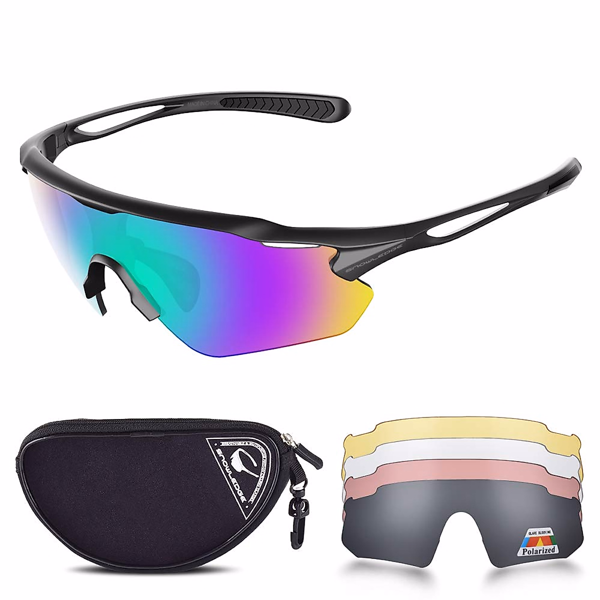 Snowledge Cycling Glasses with 5 Interchangeable Lenses, Mens Womens Polarized Sports Sunglasses, Running Baseball Cricket Sunglasses