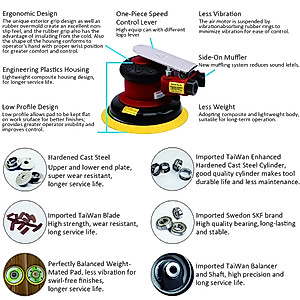Professional Air Random Orbital Palm Sander, Dual Action Pneumatic Sander, Low Vibration, Heavy Duty